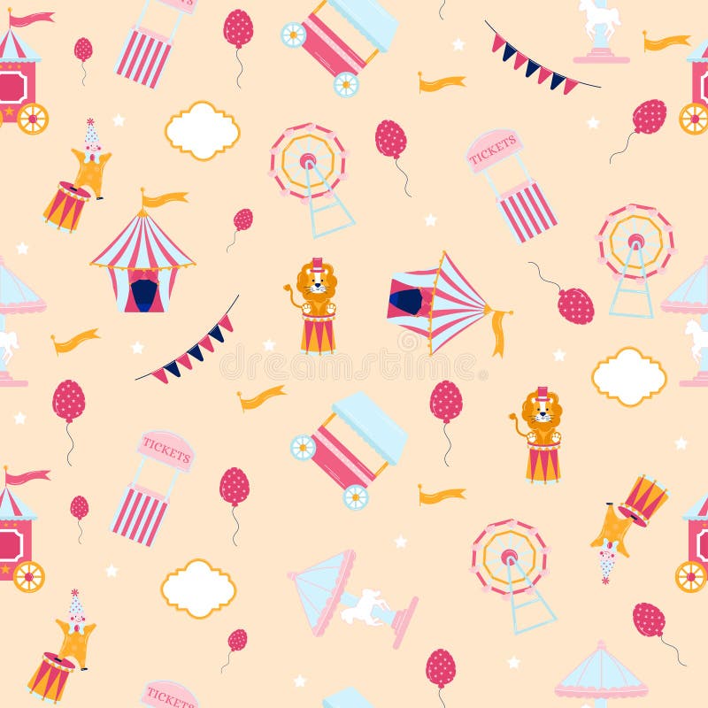 Seamless Circus Pattern. Pink Circus with Elements on a Light Background Stock Vector ...