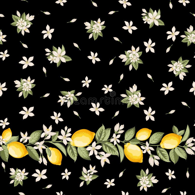 Seamless Citrus Pattern with Lemons. Black Vector Illustration. Stock Vector - Illustration of ...
