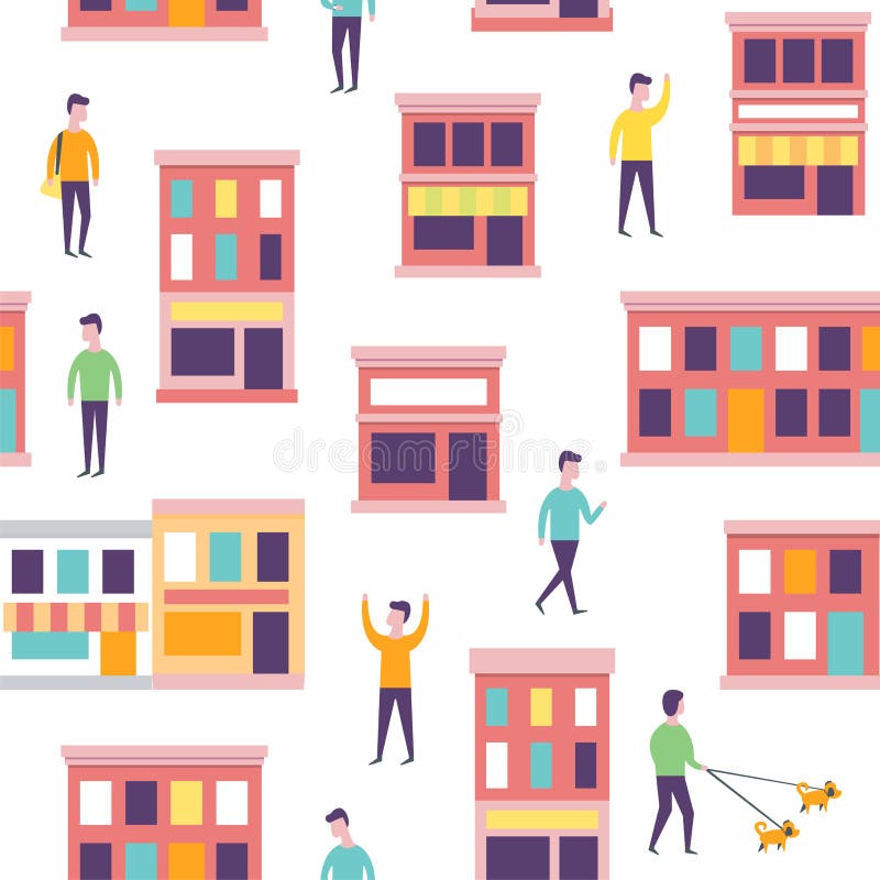 Seamless City Pattern. Vector Urban Buildings and People Stock Vector ...