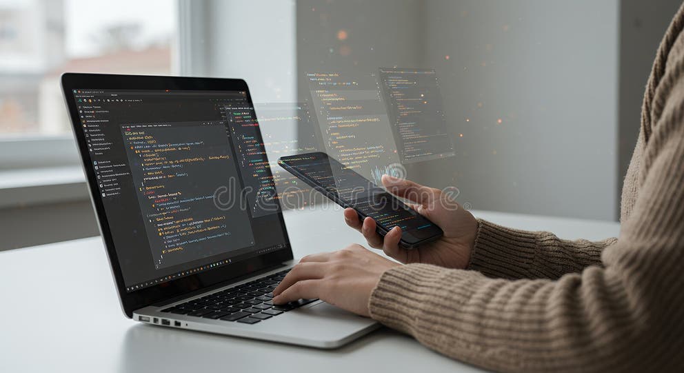 Coding Synergy: Developer Working on Laptop & Mobile, Seamless Integration, Future Tech, AI ...