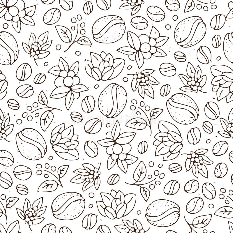 Seamless Coffee Background with Branch of Coffee and Coffee Beans. Hand ...