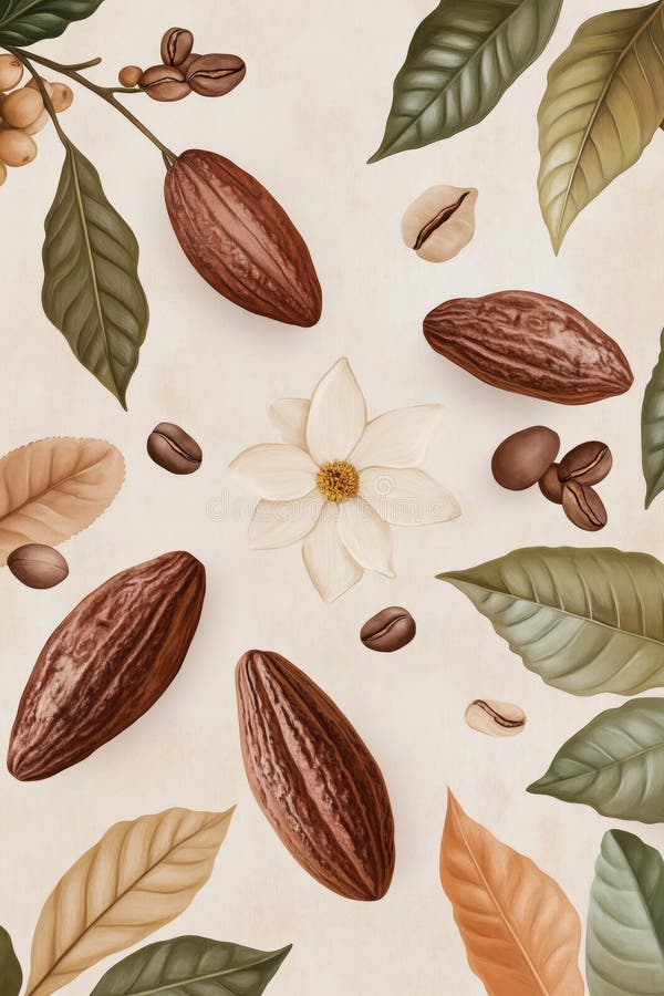 Seamless Coffee and Cocoa Pattern with Leaves and Flower Illustration ...