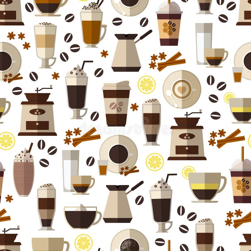 Seamless Coffee Pattern in Flat Style Stock Vector - Illustration of ...