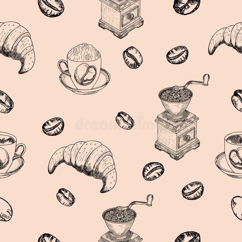 Seamless Coffee Pattern, Hand-drawn, for Textiles, Manufacturing ...