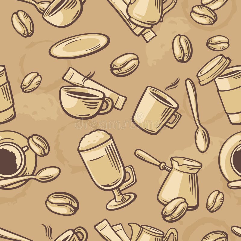 Seamless Coffee Pattern Hand Drawn Vintage Vector Illustration. Stock ...