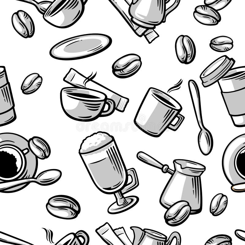Seamless Coffee Pattern Hand Drawn Vintage Vector Illustration. Stock ...