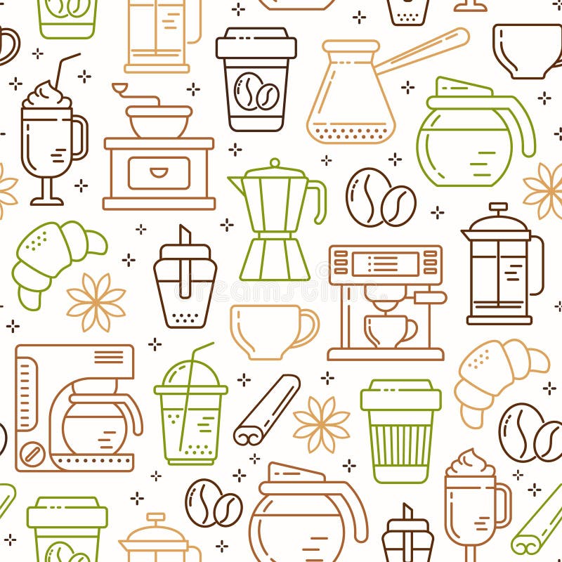 Seamless Coffee Pattern with Line Style Icons. Coffee Shop or Cafe ...