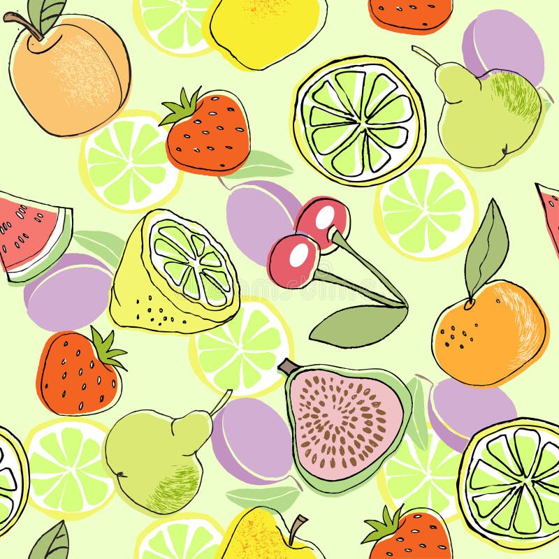 Seamless Color Fruit Pattern Hand Drawn. Vector Illustration Stock ...