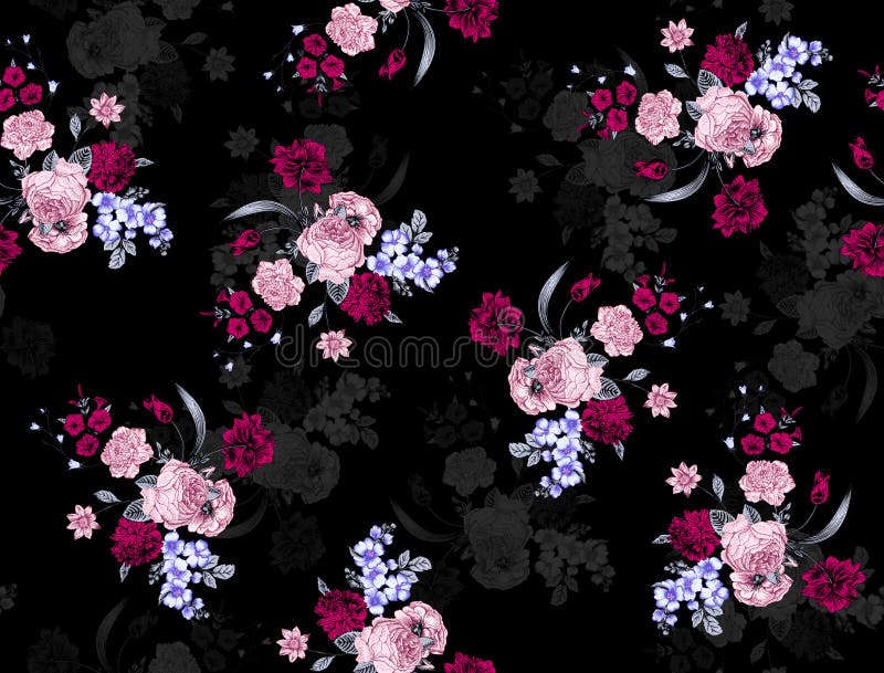 Seamless Colored Floral Pattern on Black Background, Designed for ...