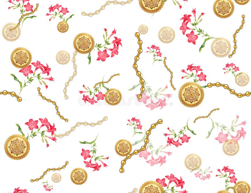 Seamless Colored Flowers with Golden Chains, on White Background. Stock ...