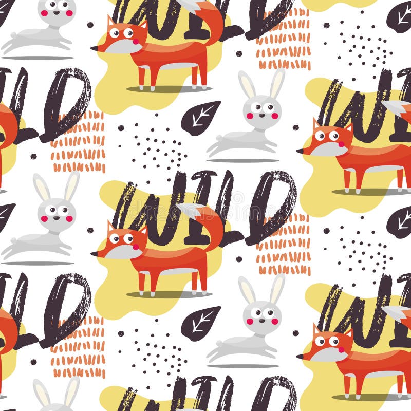 Seamless Colorful Cute Wild Vector Pattern with Foxes, Hares, Leaves ...