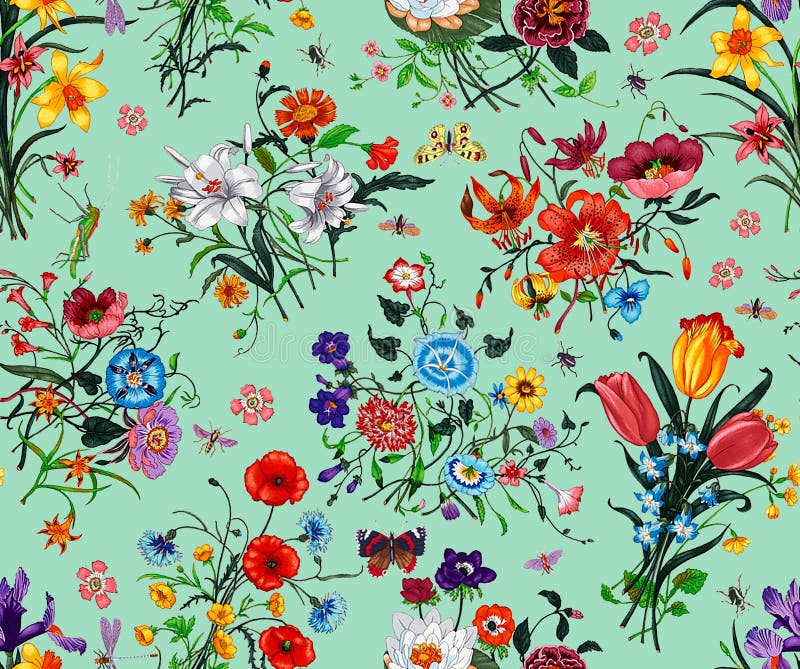 Seamless Colorful Flowers with Leaves, Spring Pattern on Light Green ...