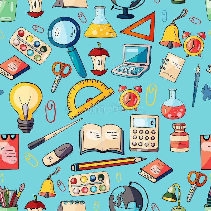 Seamless Colorful Hand Drawn Pattern with Stationary Stock Illustration ...