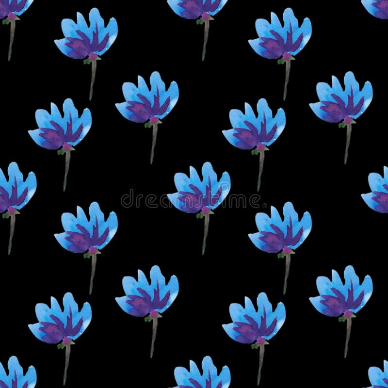 Seamless Continuous Pattern, Blue Flowers on Black Background. Stock ...