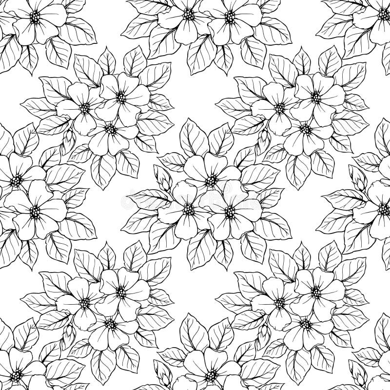 Seamless Contour Pattern of Large Black Flowers on a White Background ...