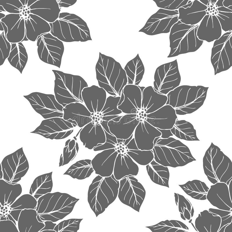 Seamless Contour Pattern of Large Gray Flowers on a White Background ...