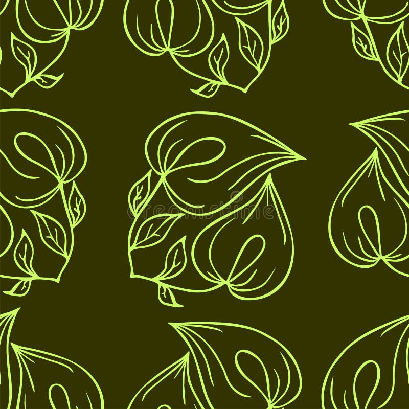 Seamless Contour Pattern of Large Green Graphic Flowers on an Olive ...