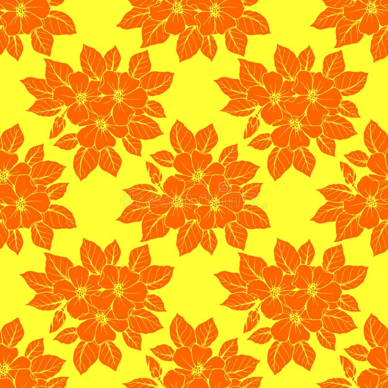 Seamless Contour Pattern of Large Orange Flowers on a Yellow Background ...