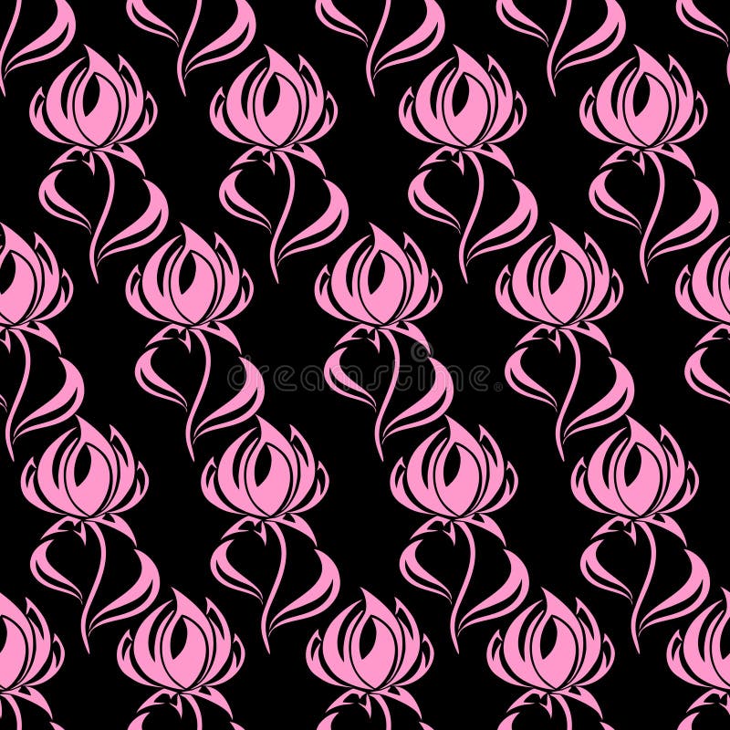 Seamless Contour Pattern of Large Pink Flowers on a Black Background ...