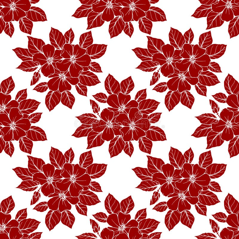 Seamless Contour Pattern of Large Red Flowers on a White Background ...