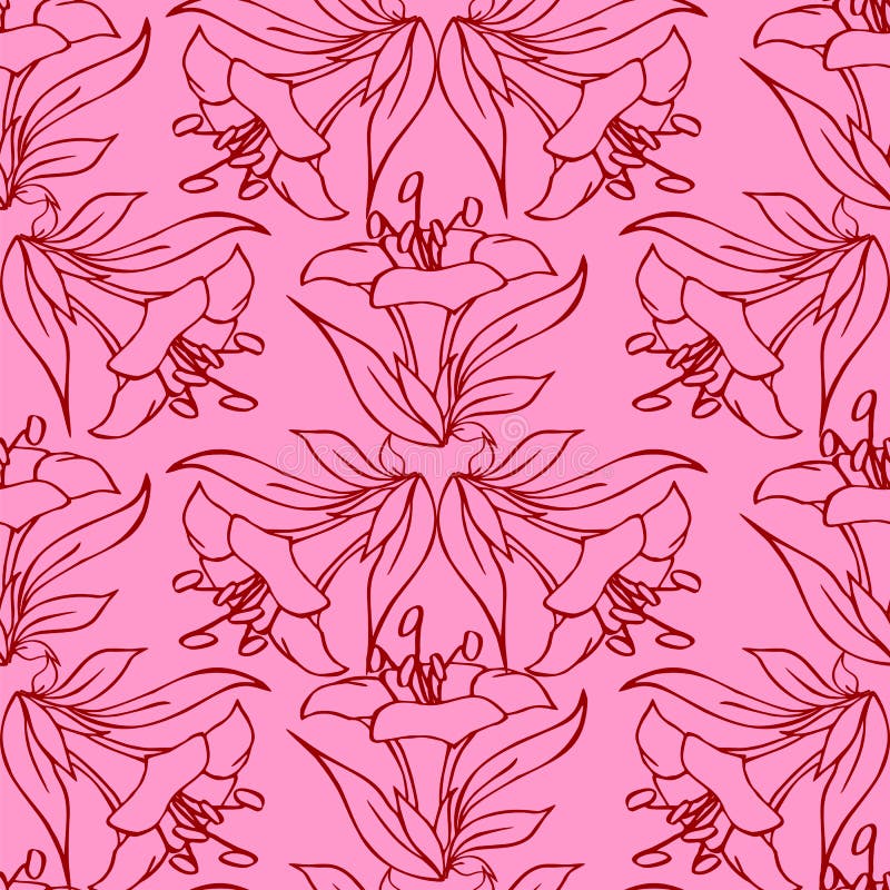 Seamless Contour Pattern of Large Red Graphic Flowers on a Pink ...
