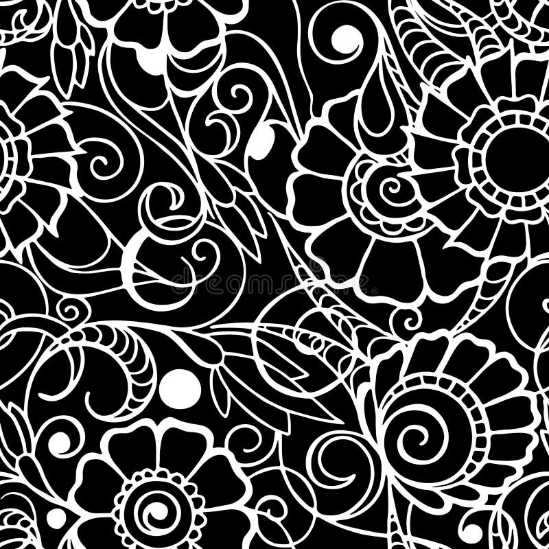 Seamless Contour Pattern of Large White Graphic Flowers on a Black ...