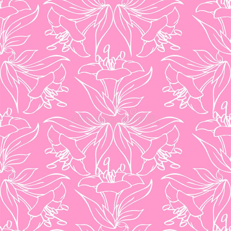 Seamless Contour Pattern of Large White Graphic Flowers on a Pink ...
