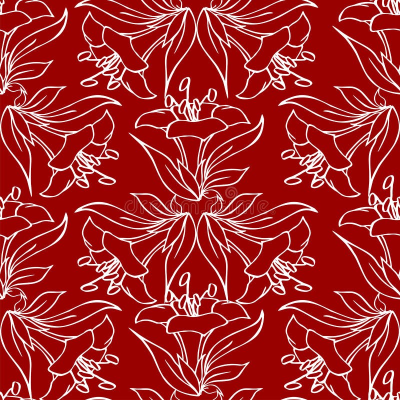 Seamless Contour Pattern of Large White Graphic Flowers on a Red ...