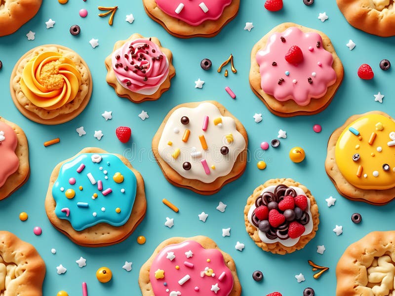 Seamless Cookie Pattern Background with Colorful Icing and Toppings ...