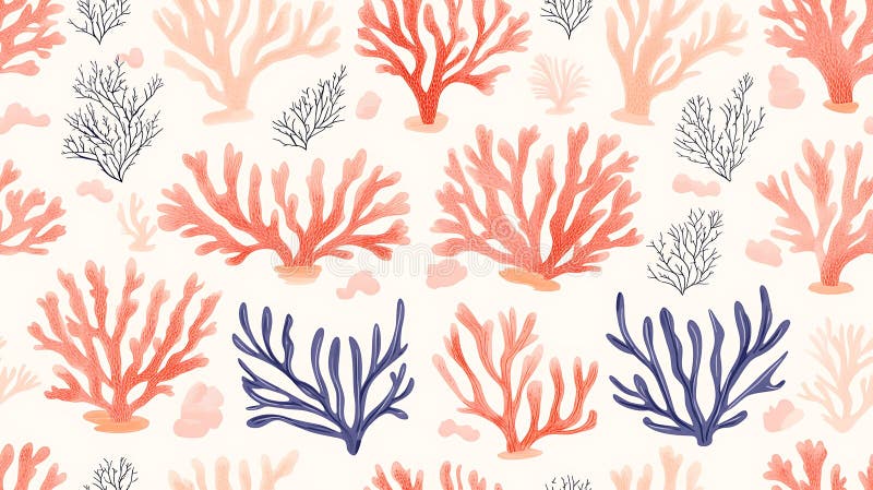 Seamless Coral Reef Pattern Pink, Red, and Blue Coral Branches on White ...