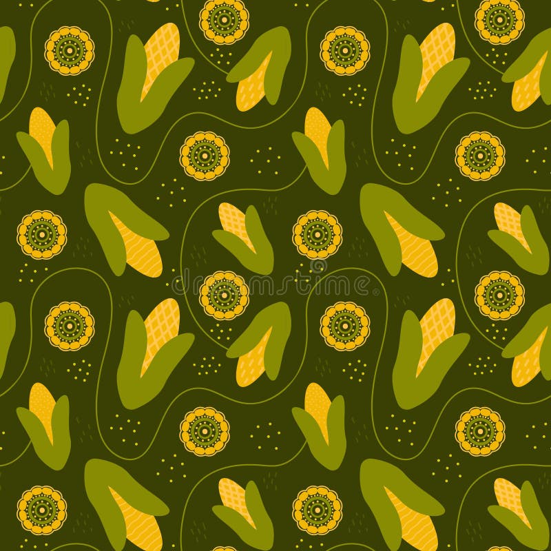 Seamless Corn Pattern on Dark Green Background in Cartoon Style for ...