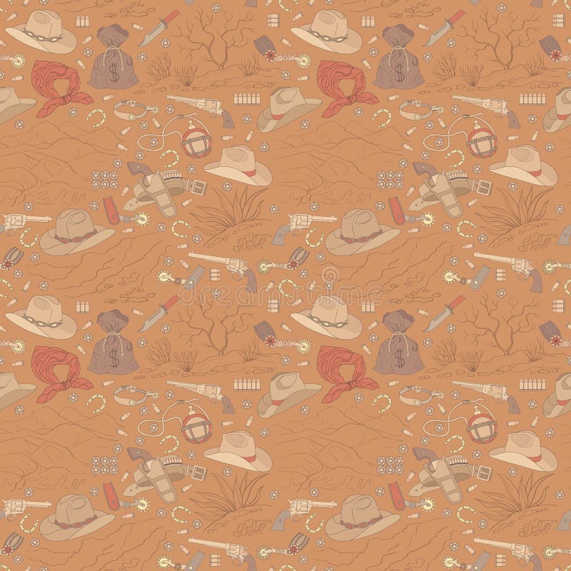Seamless Cowboy Pattern with Landscapes Stock Vector - Illustration of ...