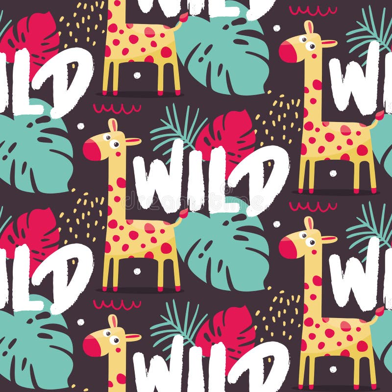 Seamless Cute Animal Tropical Wild Pattern with Giraffe, Leaves, Plants ...