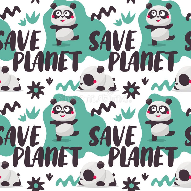 Seamless Cute Animal Vector Pattern with Panda Bears, Flowers and ...
