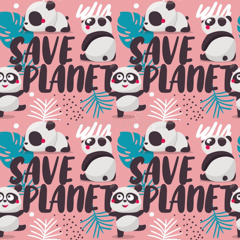 Seamless Cute Animal Vector Pattern with Panda Bears, Flowers and ...