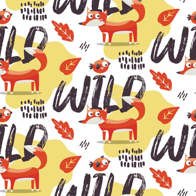 Seamless Cute Animal Vector Wild Pattern with Foxes, Leaves, Plants ...