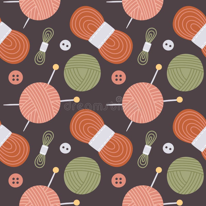 Seamless Cute Boho Vector Sewing and Knitting Pattern with Ball of Thread, Buttons, Spool of ...