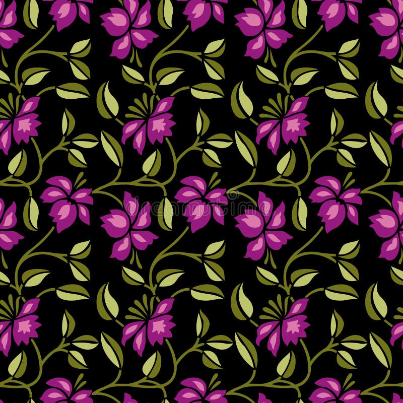 Seamless Cute Flower Pattern Design on Black Background Stock Vector ...