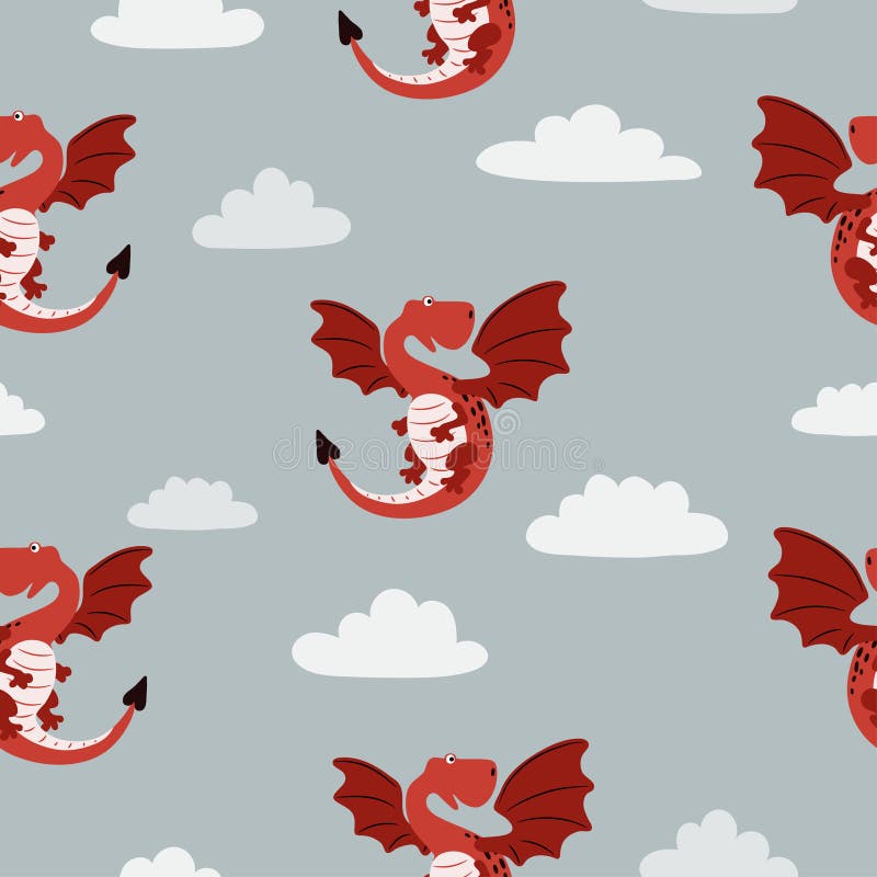 Seamless Cute Flying Dragon Pattern. Stock Vector - Illustration of ...