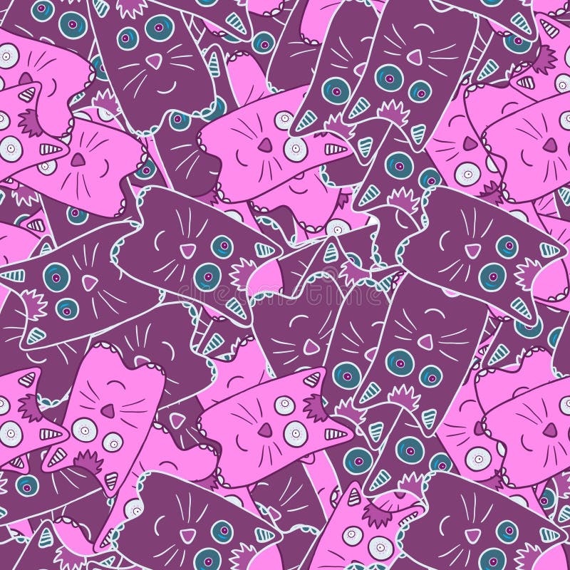 Seamless Cute Kitten Cat Background Pattern In Pink And Violet Color