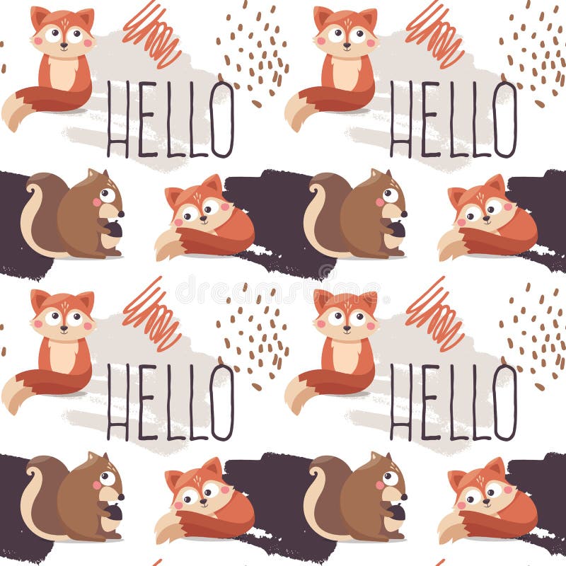 Seamless Cute Pattern Fox Squirrel Acorn Hello, Postcard Stock Vector ...