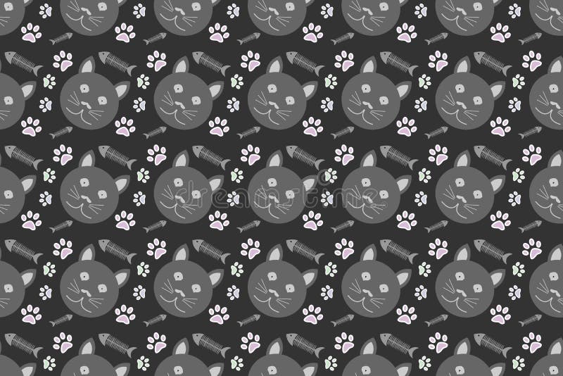 Seamless Cute Pattern Wallpaper with Dark Gray Background, Cartoon Cat ...