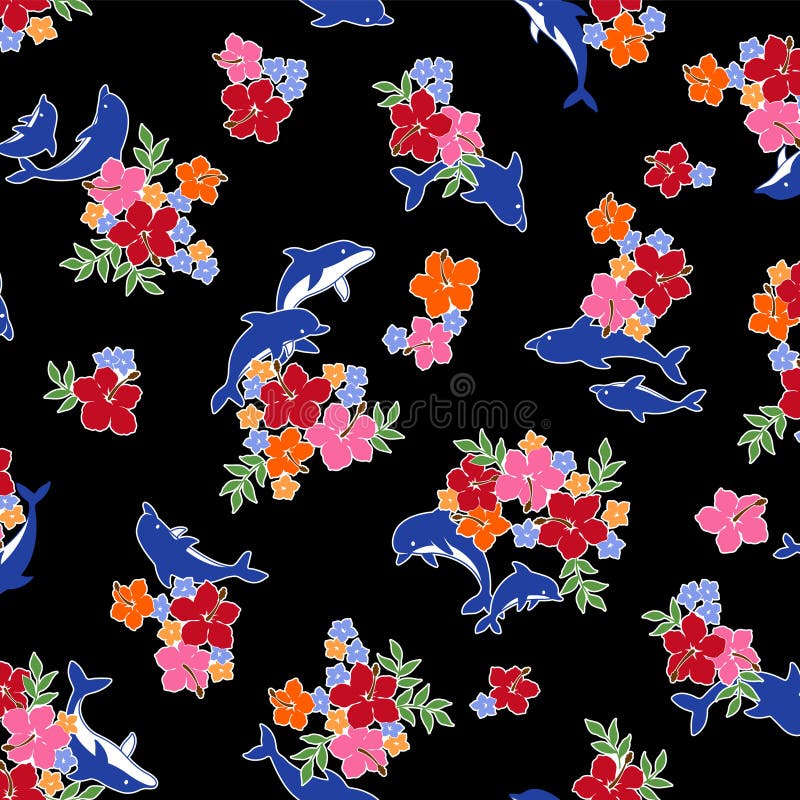 Cute Hibiscus and Dolphin Pattern Suitable for Textiles, Stock Vector ...