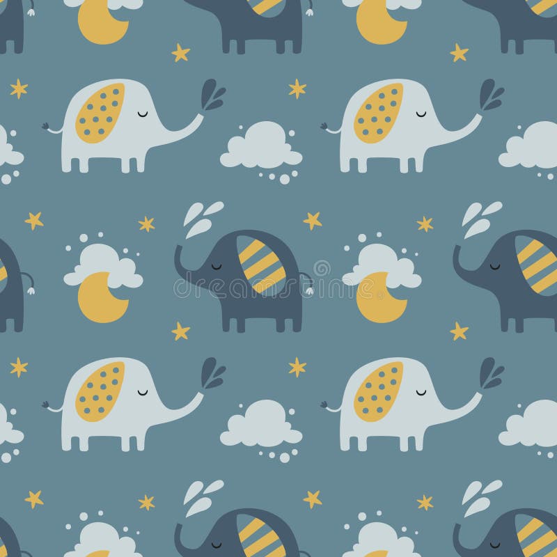 Seamless Cute Vector Pattern with Elephants, Clouds, Moon Stock Vector - Illustration of ...