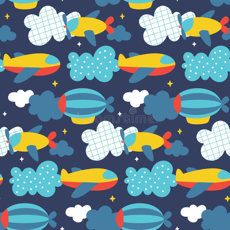 Seamless Cute Vector Transport Pattern with Airship, Airplane, Clouds ...