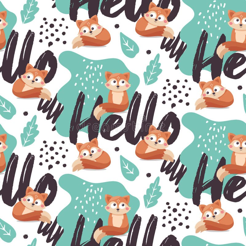 Seamless Cute Vector Wild Pattern with Foxes, Leaves, Plants, Graphic ...