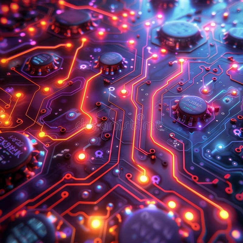 Seamless Cyberpunk Circuit Board Pattern with Glowing Neon Elements ...