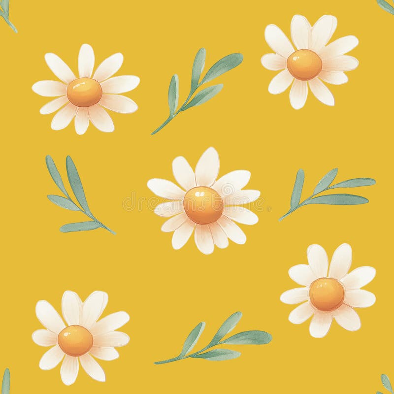 Seamless Daisy Flower Pattern with Foliage on Yellow Background Stock ...