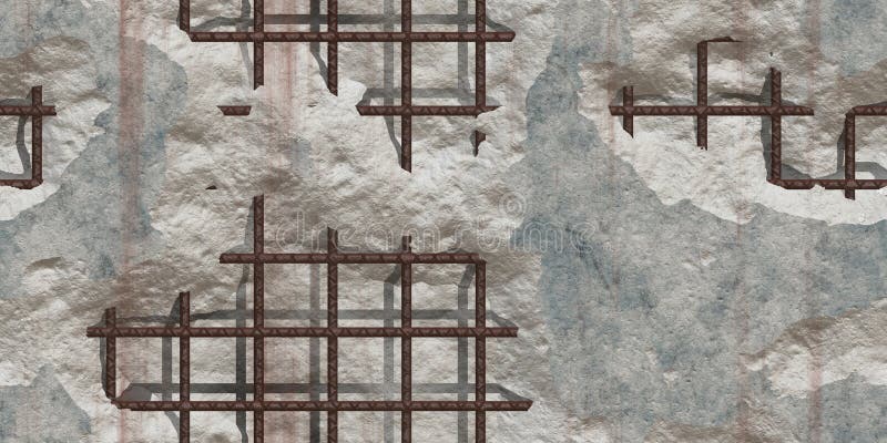 Seamless Damaged Concrete with Rusty Rebar Textures. Broken Stone Wall ...