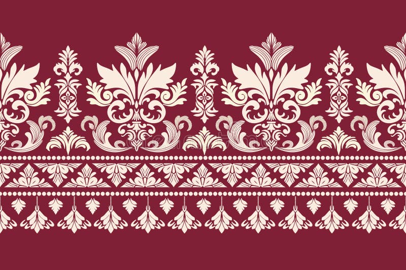 A Seamless Damask Border Pattern Featuring Intricate Floral Motifs and Classical Columns. Red ...